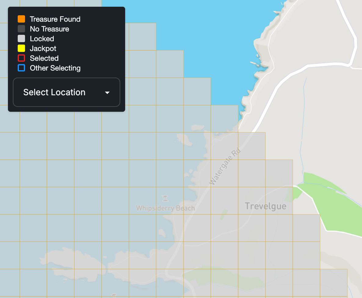 Treasure Square interactive map showing a grid of squares over a real ...
